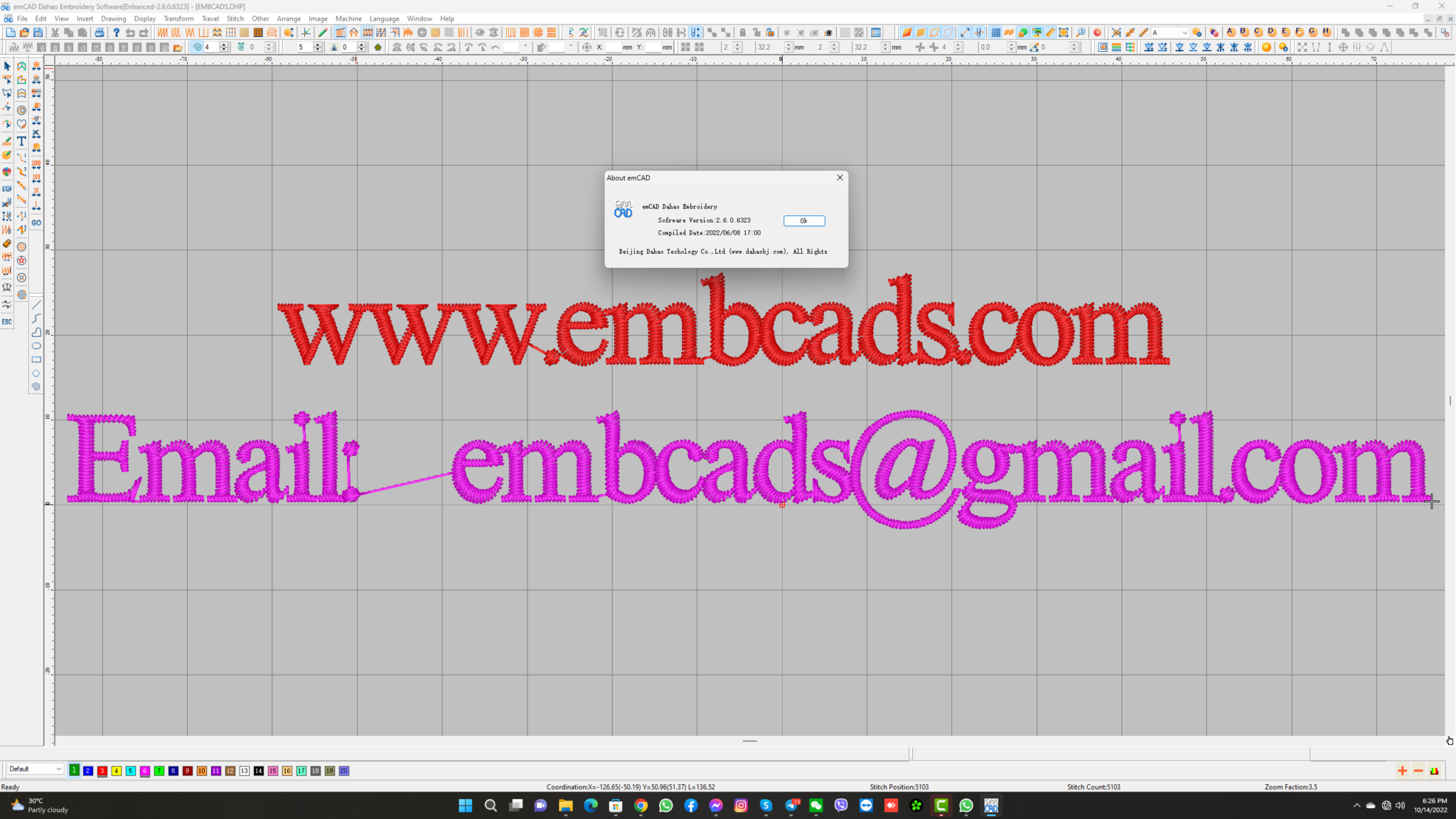 DAHAO EMCAD 2.6 Build 2.6.0.6323 | Professional Embroidery Digitizing Software - EmbCads ...